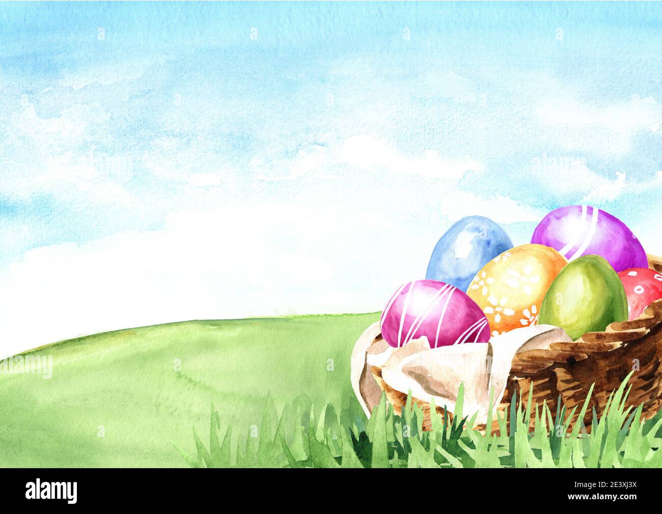 Easter Concept card background. Basket with colored eggs and copy space ...