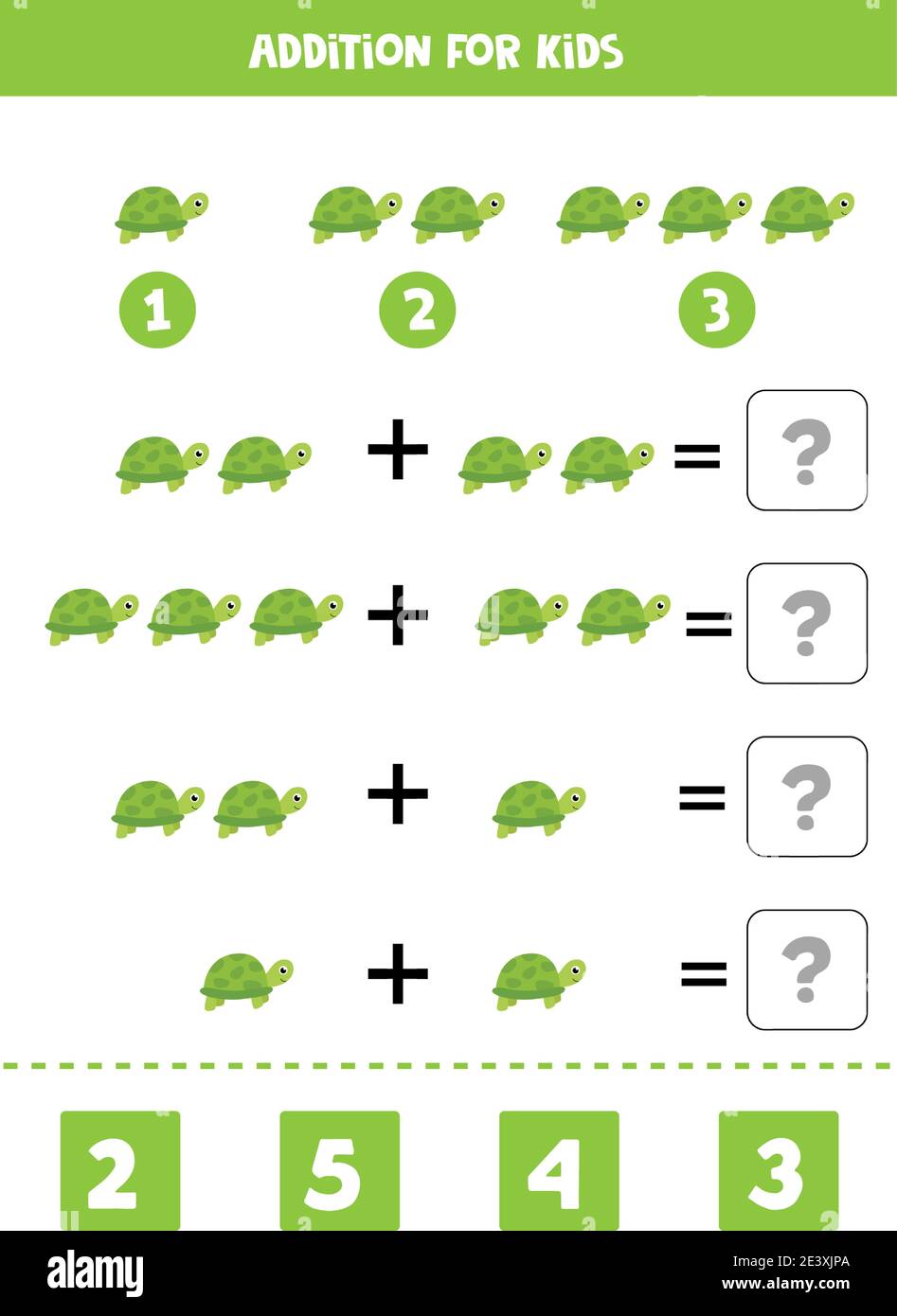 Addition game with cute cartoon turtle. Math game for kids Stock Vector ...