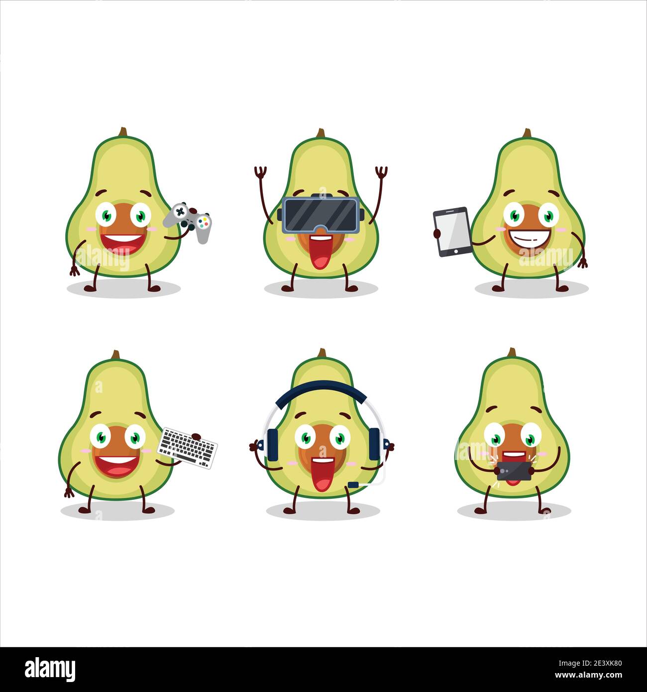 Slice of avocado cartoon character are playing games with various cute ...
