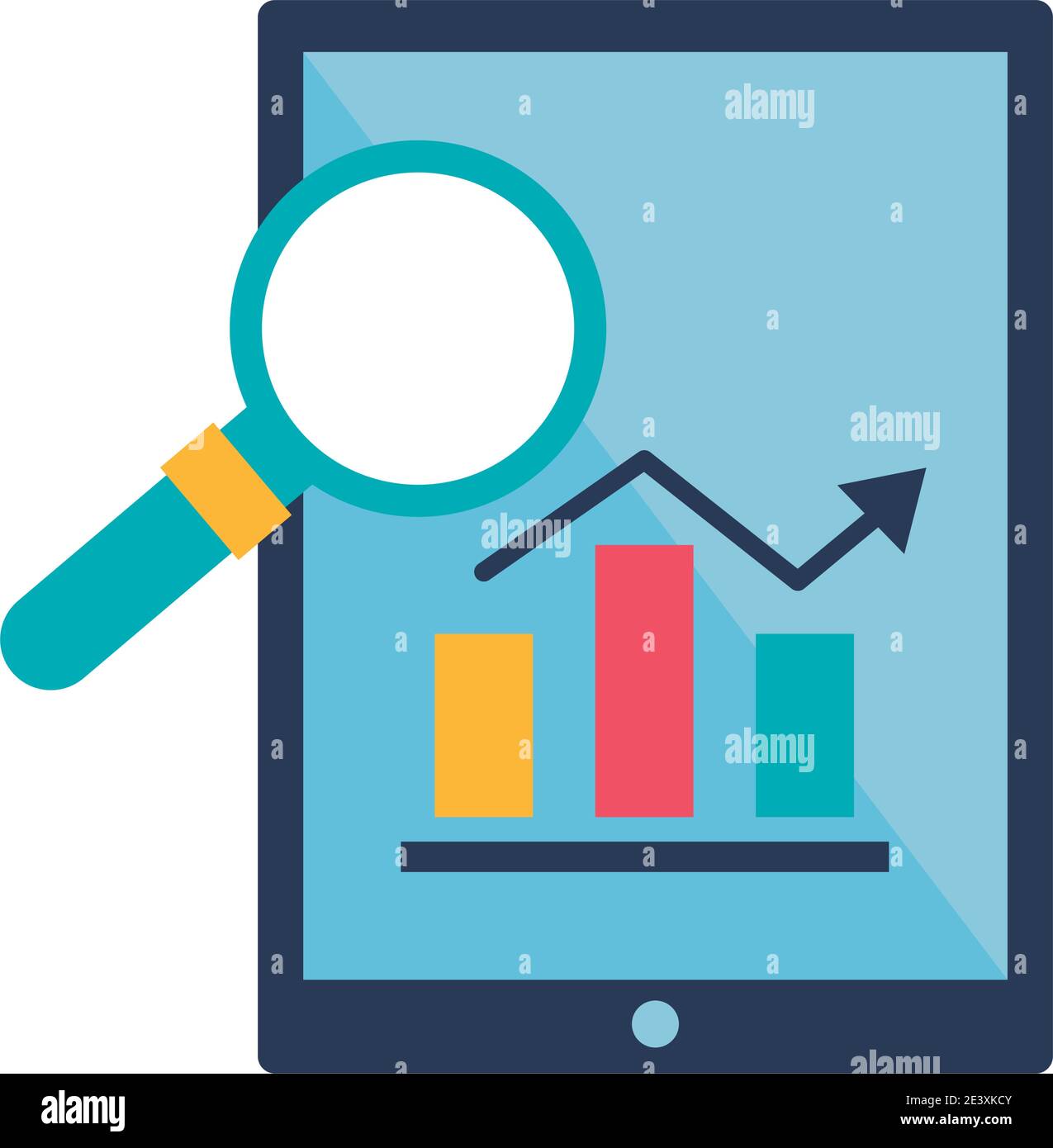 Digital marketing bars chart in tablet with lupe flat style icon design, ecommerce and shopping ...
