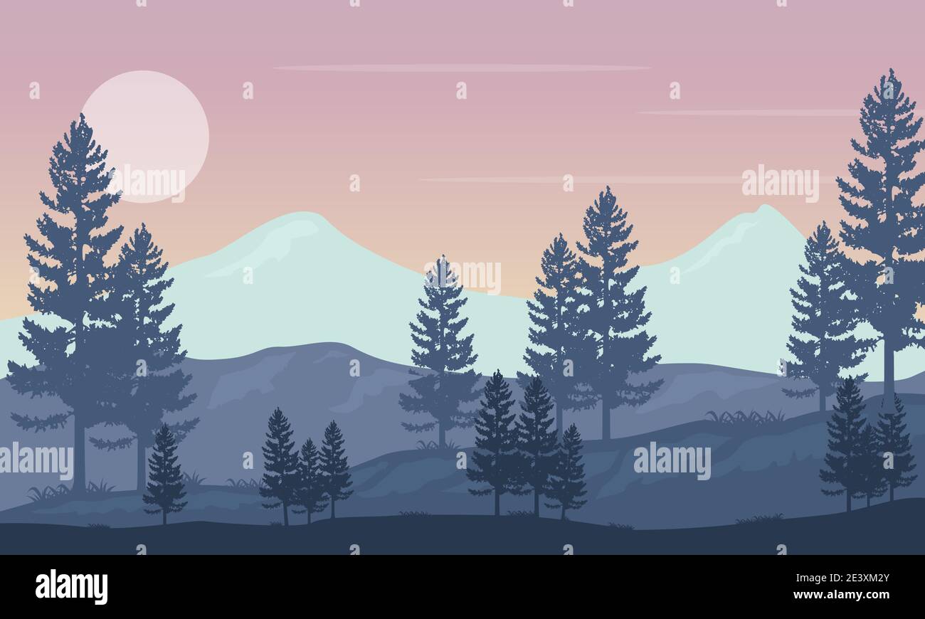 Nice scenery spruce trees and mountains in the afternoon. Vector ...