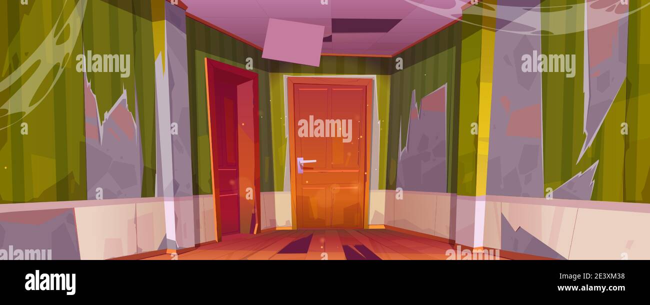 Corridor interior of old abandoned house with closed doors to rooms ...