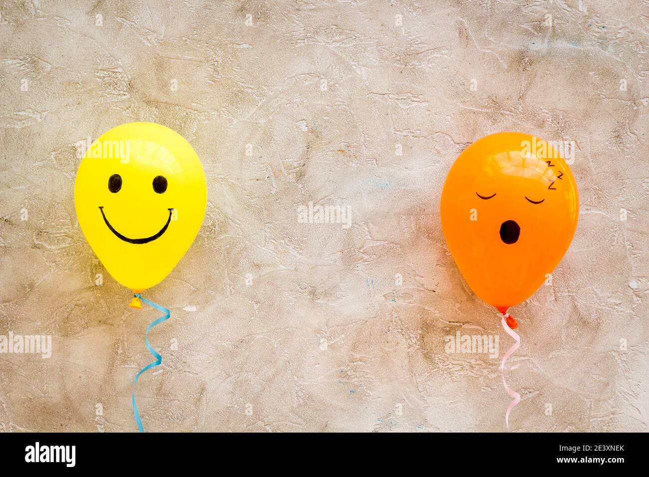 Emotions concept - happiness and overload sleepiness on the colored ...