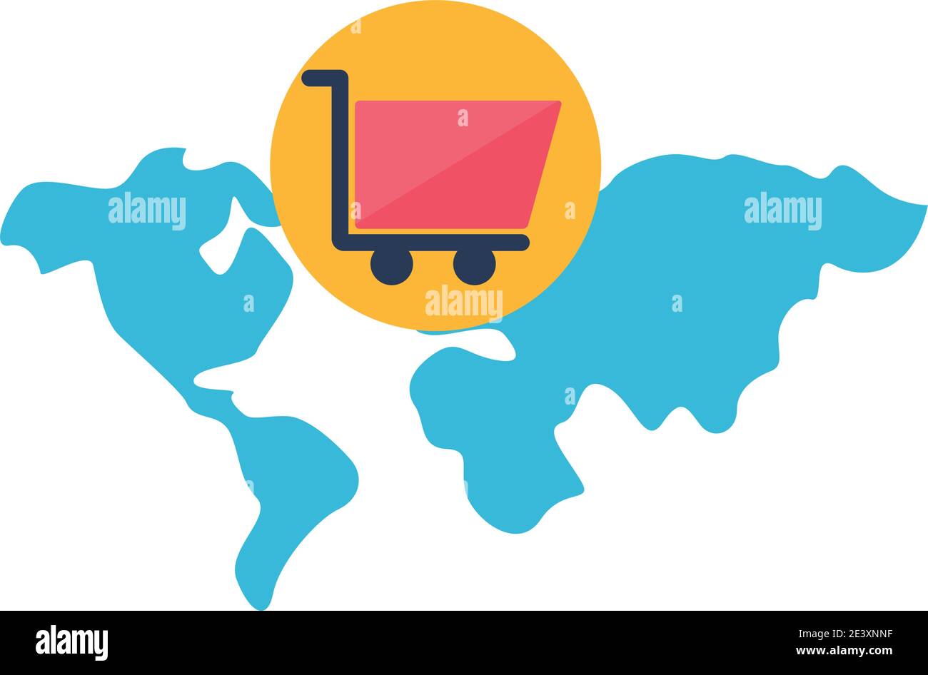 Digital marketing cart on world map flat style icon design, ecommerce ...