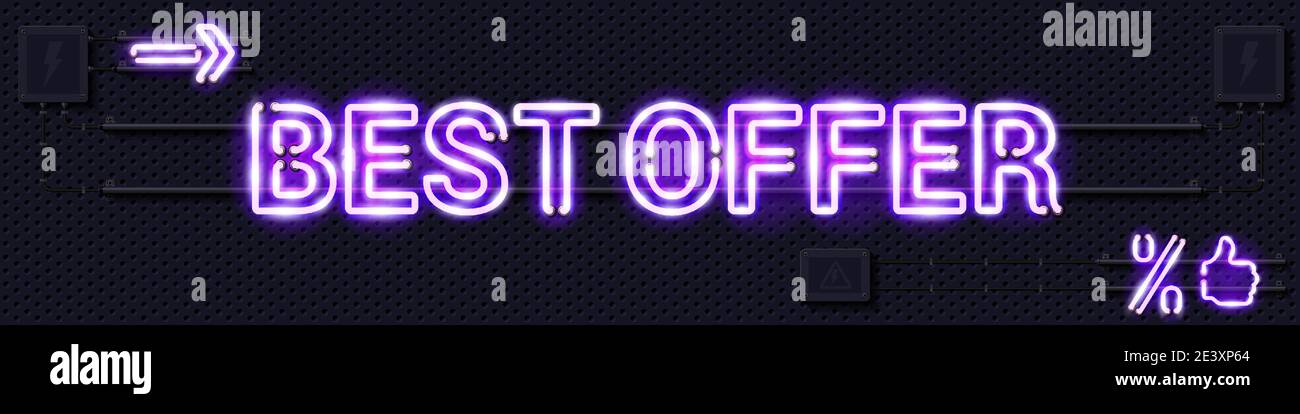 BEST OFFER glowing purple neon lamp sign. Realistic vector illustration ...