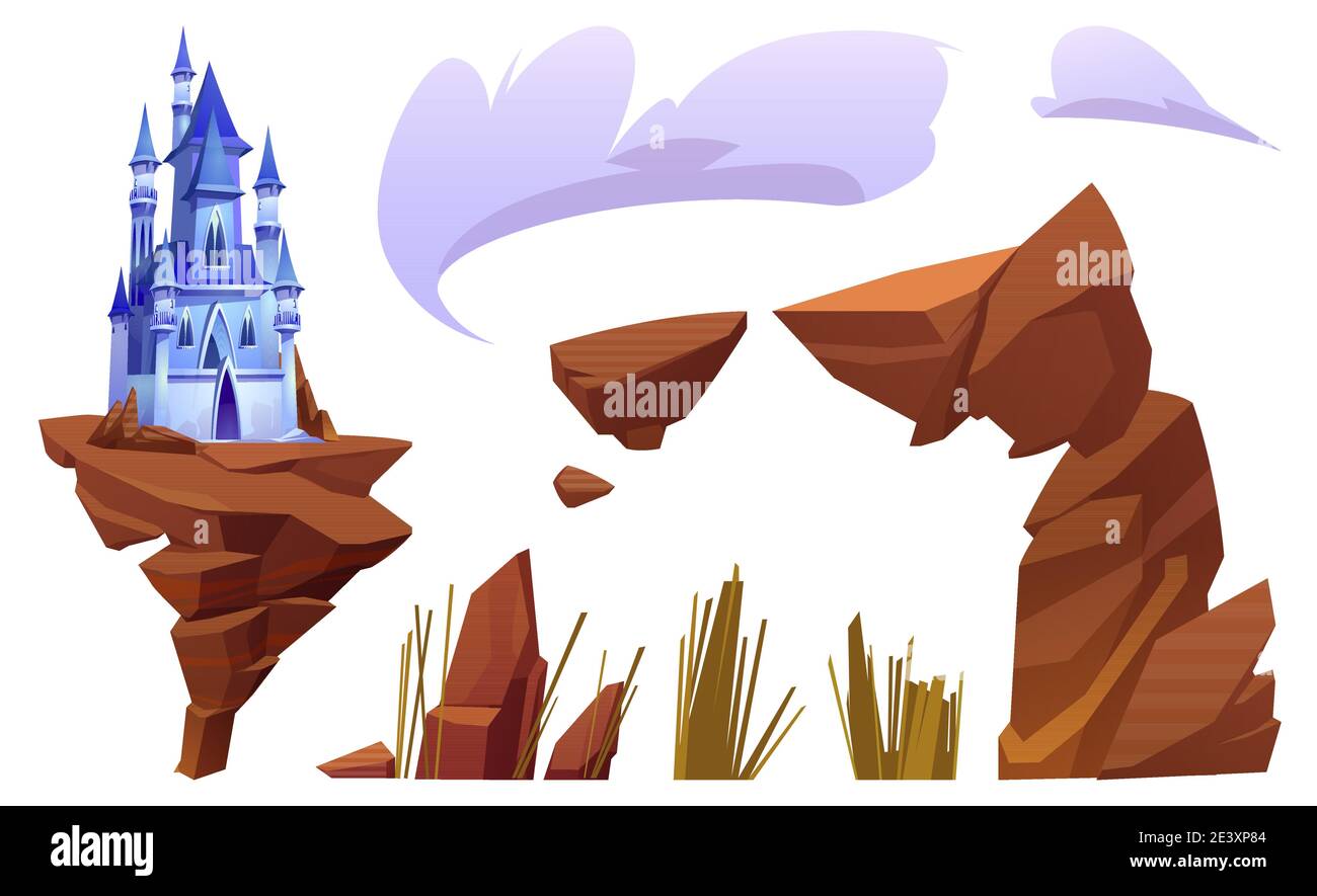Fantasy blue castle and landscape elements isolated on white background ...