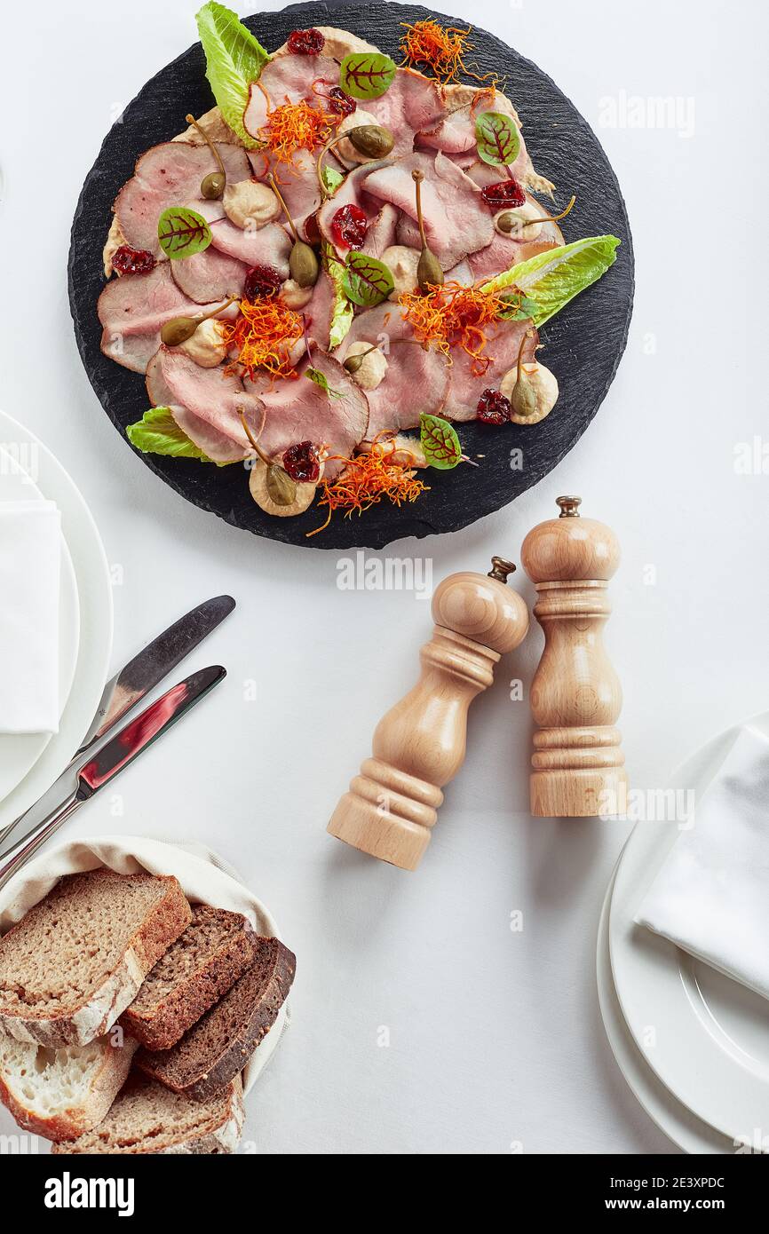 Sliced Beef or Pork with Marinated Vegetables and Sauce. Beautifully ...