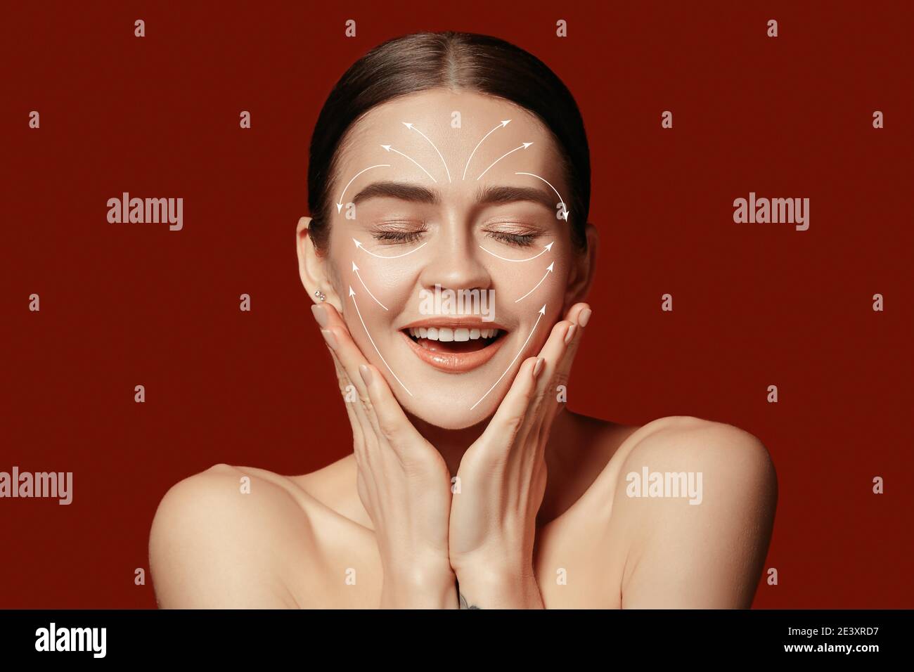 Beautiful female face with lifting up arrows isolated on red background ...