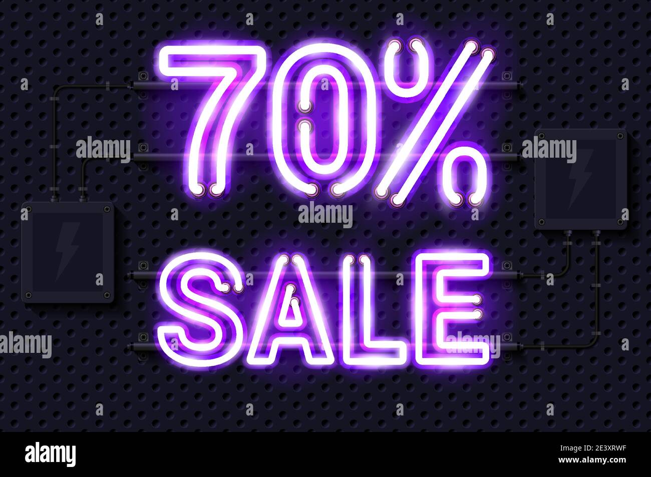 70 percent SALE glowing purple neon lamp sign. Realistic vector ...