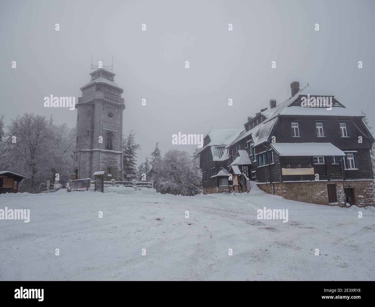 Winter landscape in the Ore Mountains, observation tower, Auersberg ...