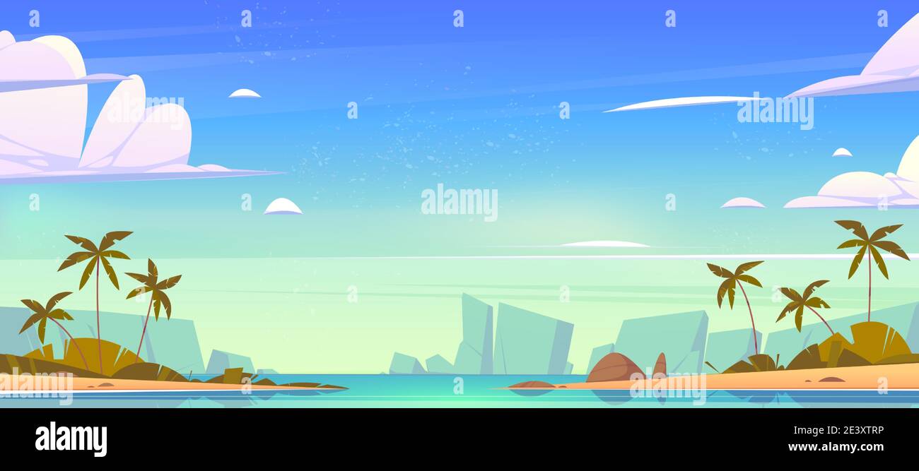 Tropical landscape with sea bay, sand beach, palm trees and mountains ...