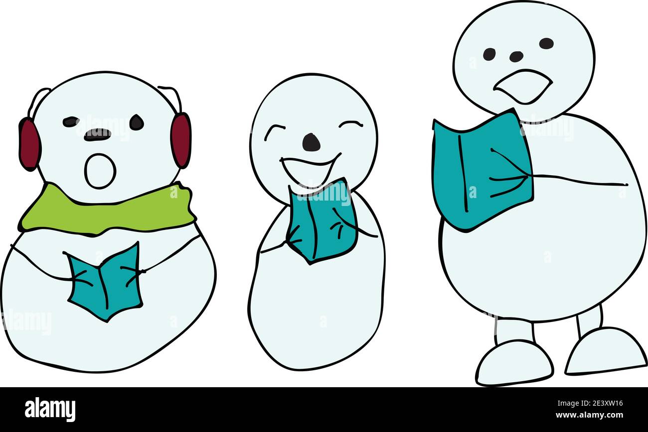snowman trio caroling in scarf and ear muffs holding books vector ...