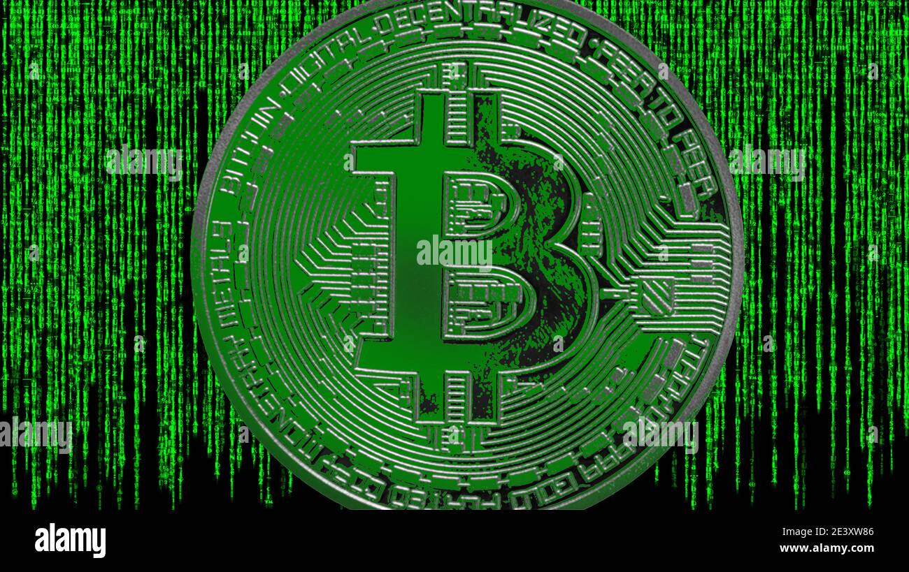 green matrix background with a transparent green large bitcoin view in ...