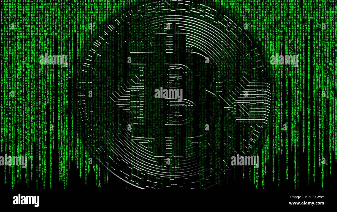 green matrix background with a transparent large bitcoin view in the ...