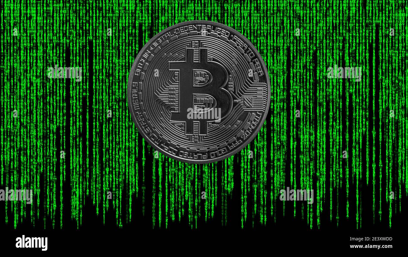 silver bitcoin in the middle of a green matrix background Stock Photo ...