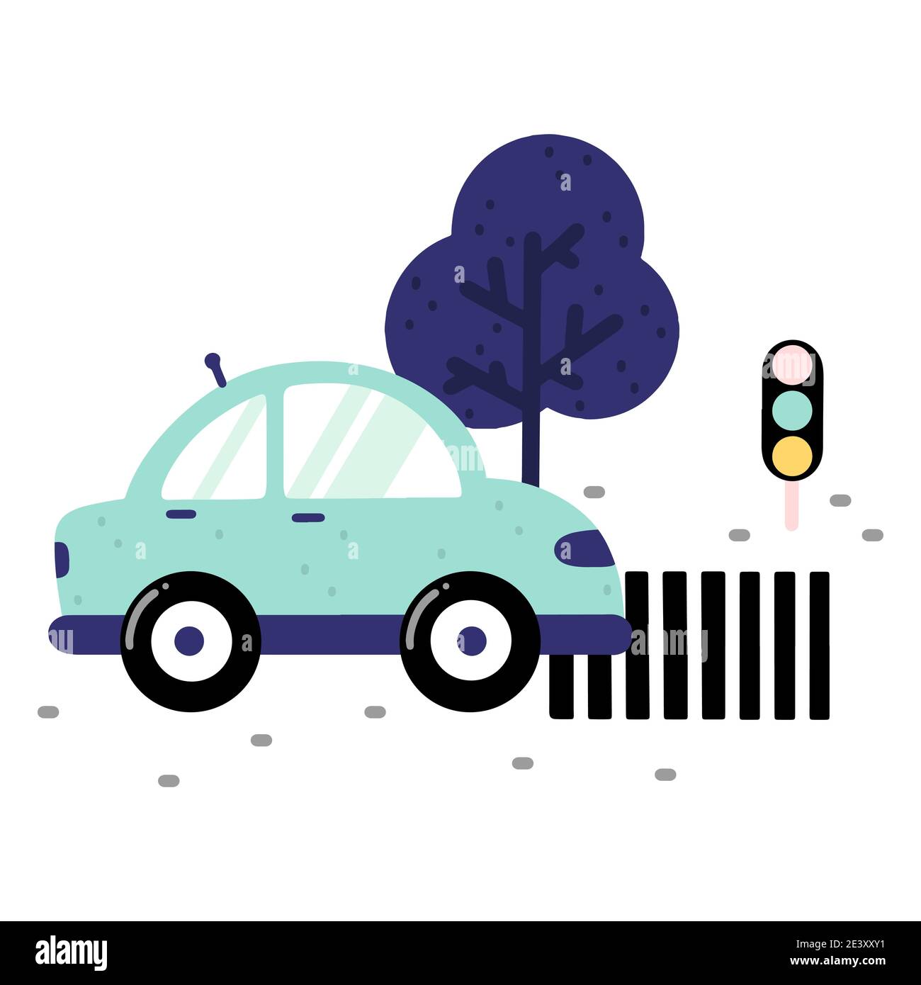 Childish car illustration on a road with crosswalk, traffic lights and ...