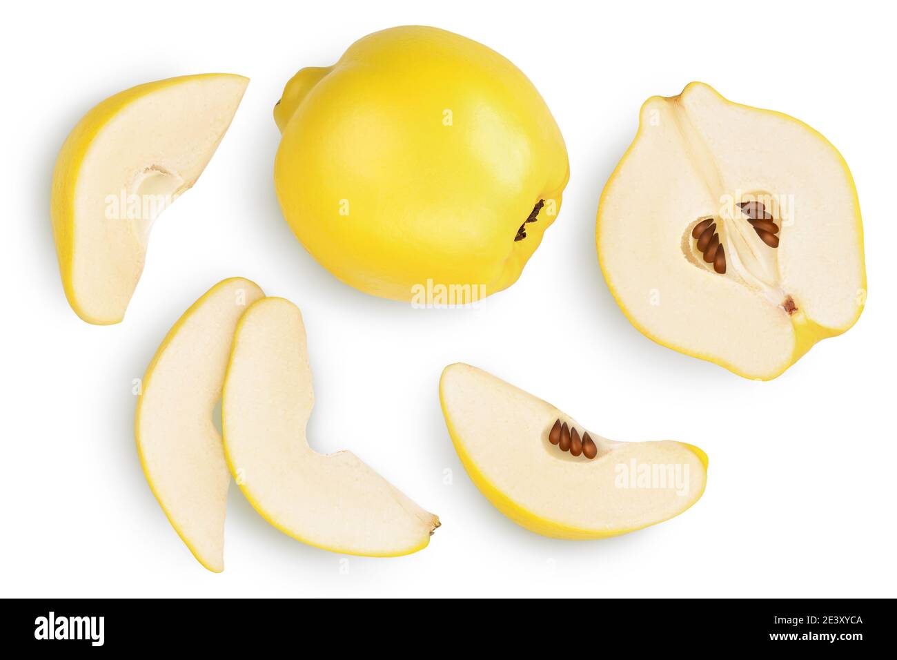 Fresh quince with half and slices isolated on the white background with ...