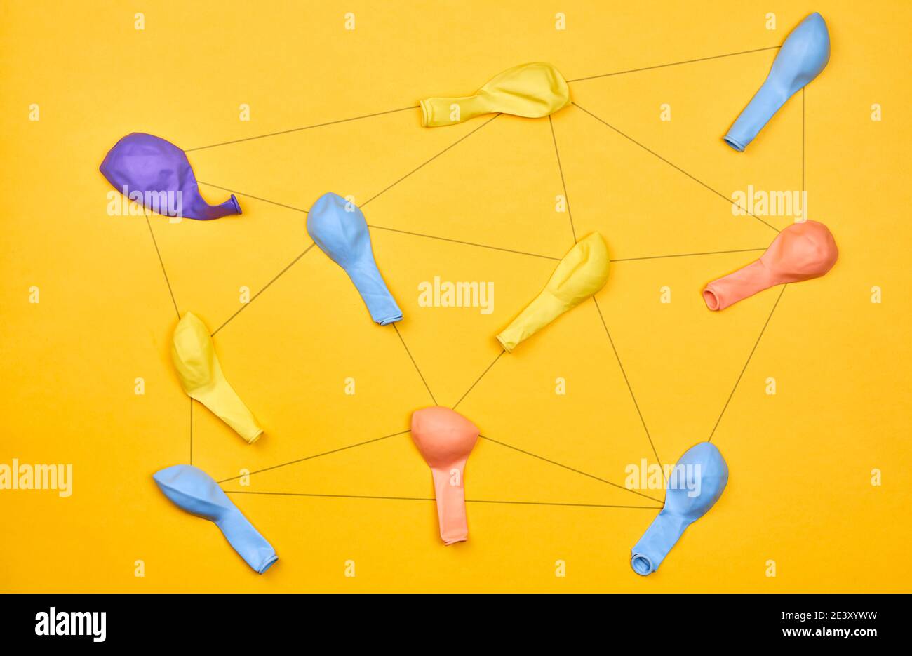 balloons connected with network on yellow background. Symbol of ...