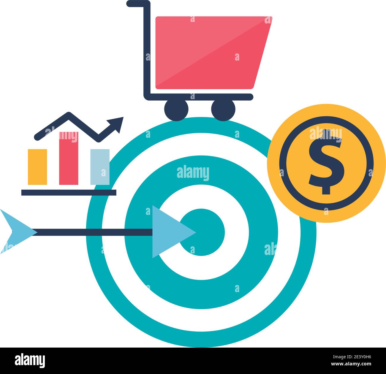 Digital marketing target with bars chart cart and coin flat style icon ...