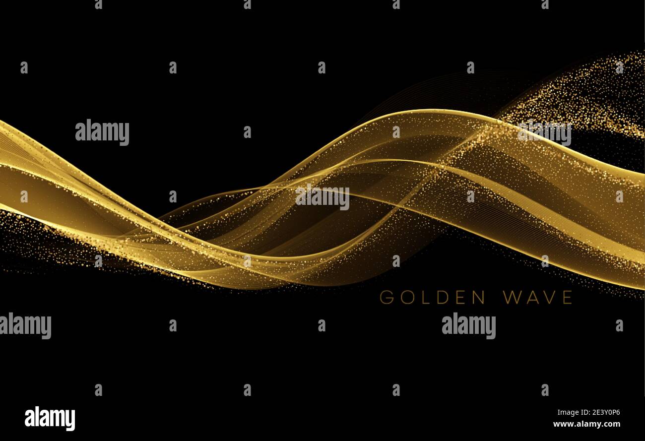 Golden flowing wave with sequins glitter dust isolated on black background. Vector illustration ...