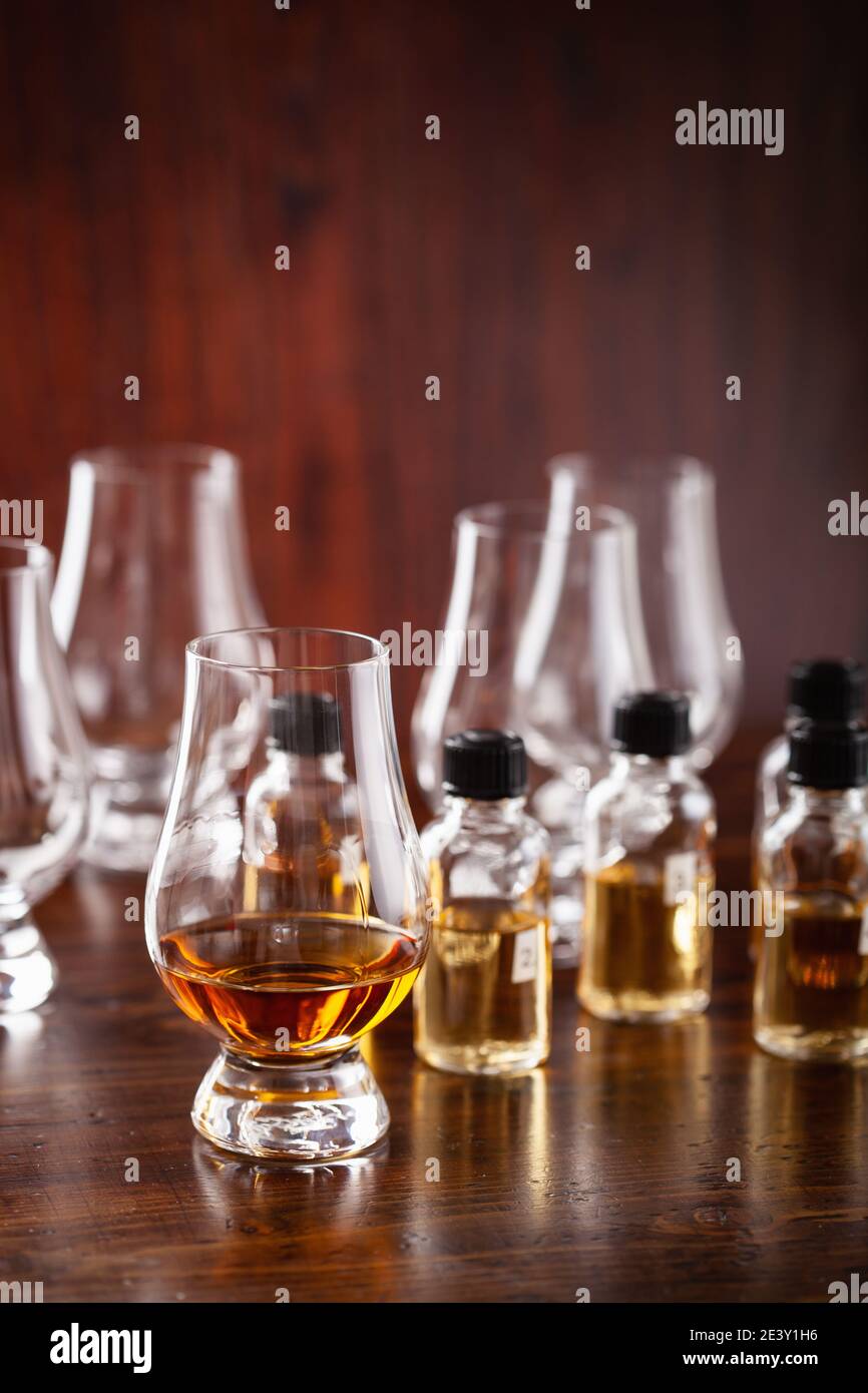 tasting bottles and glasses of whisky spirit brandy cognac. tasting at ...