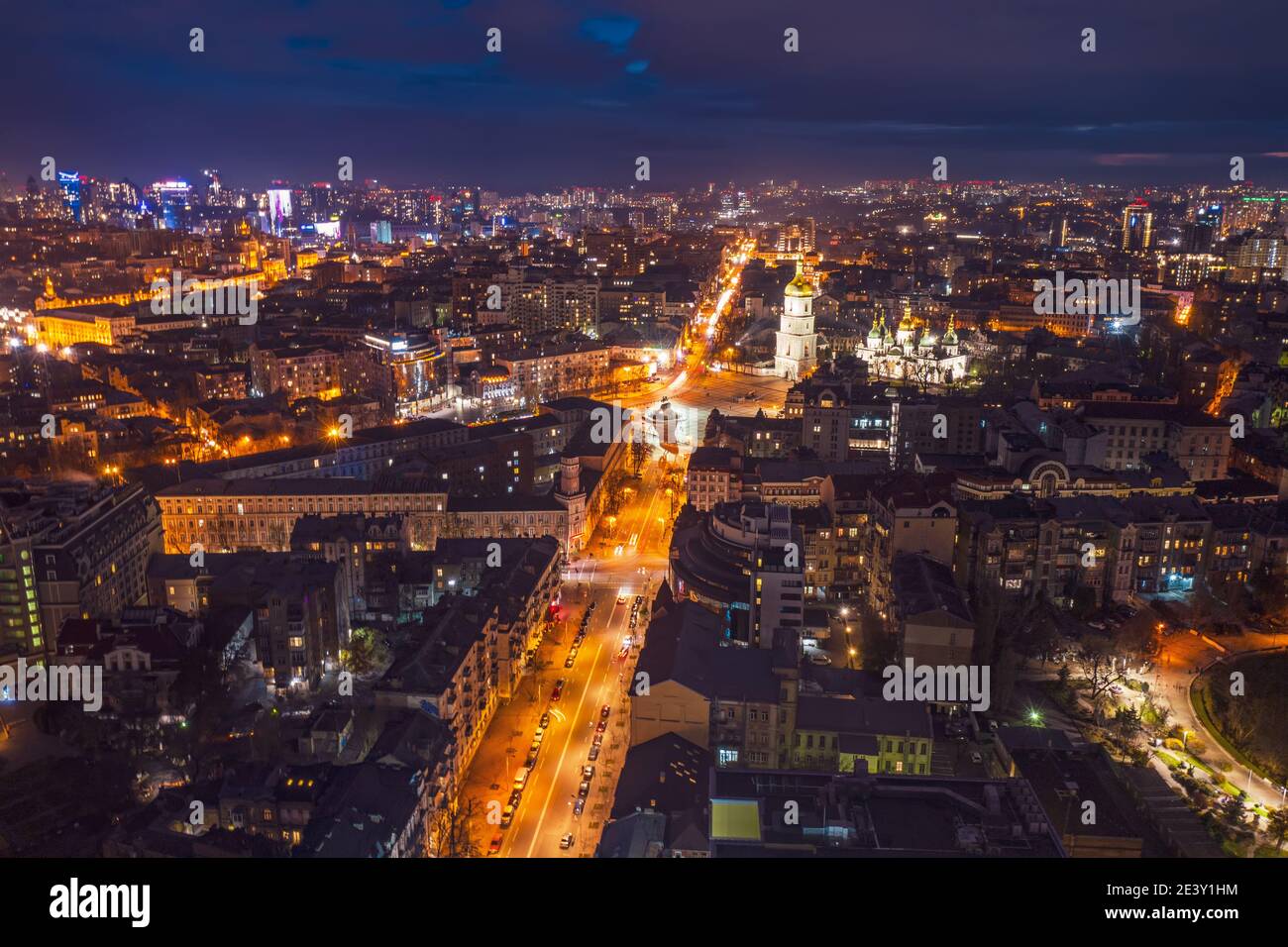 Aerial night view of Kyiv city center with illumination. Kiev, Ukraine ...