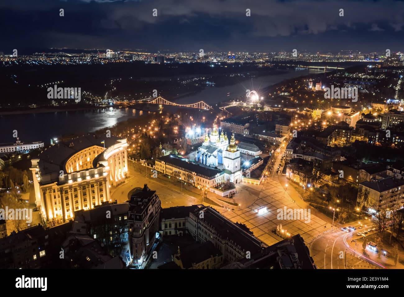 Aerial night view of Kyiv city center. Kiev. St Michael's Golden-Domed ...