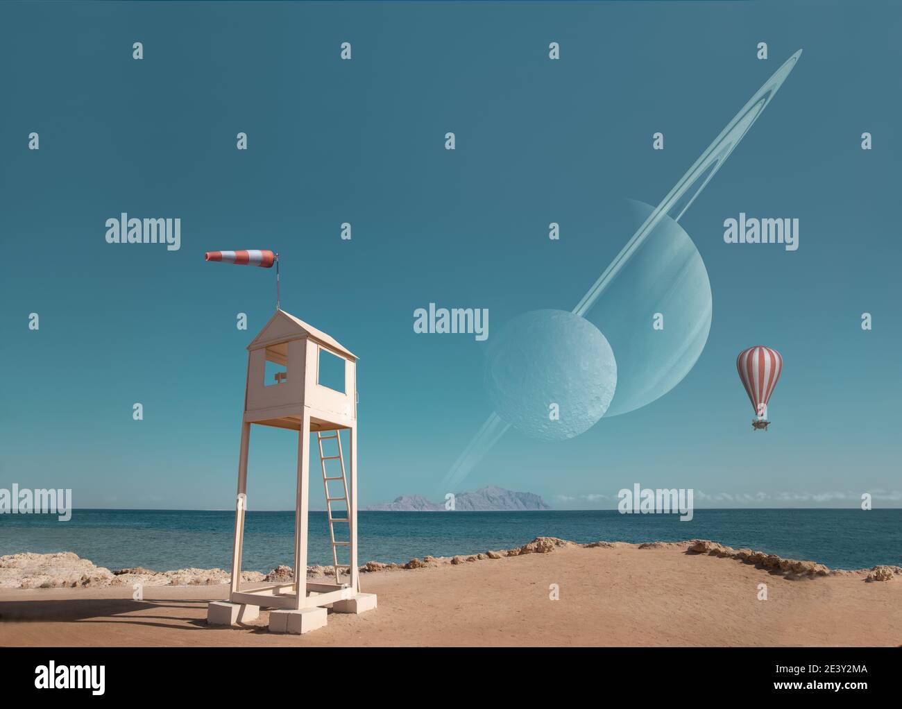 Abstract surreal picture with strange building on the sea shore with ...