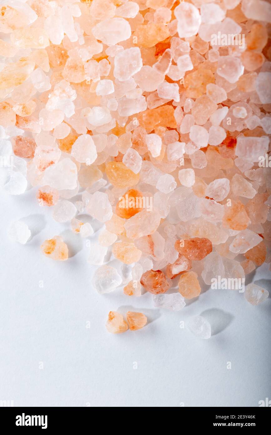 Pink Himalayan salt. Himalayan salt pile. Food background. Close up ...
