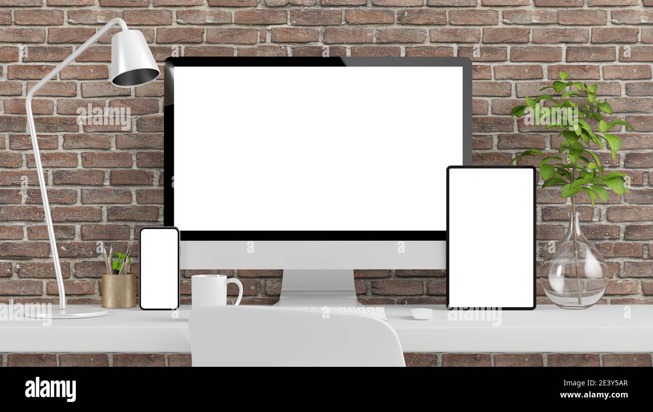Responsive devices on bricks desktop with white screen 3d rendering Stock Photo - Alamy