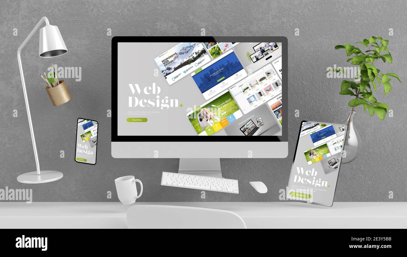 Floating devices on desktop showing web design website 3d rendering ...