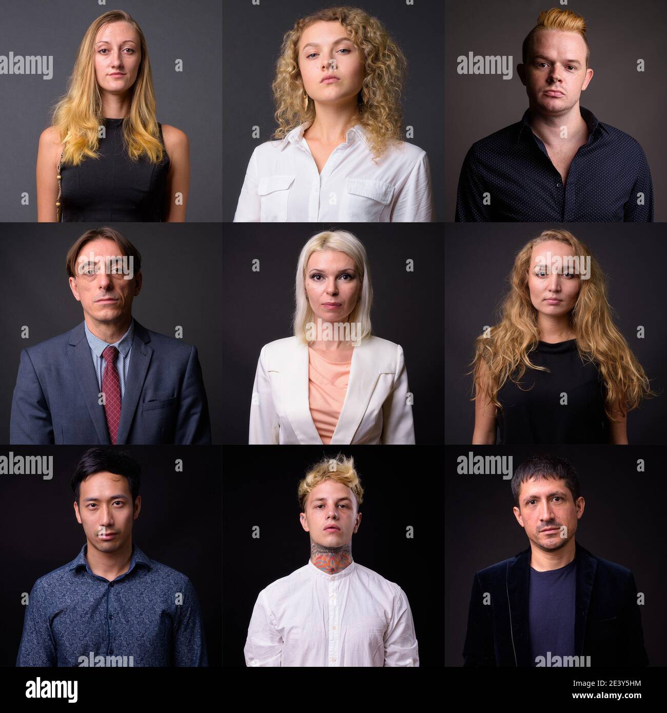 Collage of business people looking at camera shot in studio Stock Photo ...