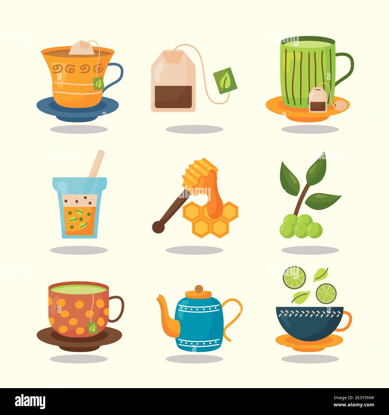 Tea icon set design, Time drink breakfast and beverage theme Vector ...