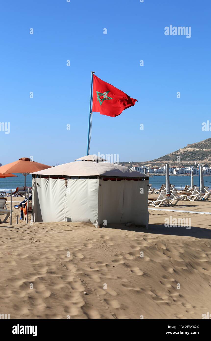 Tent with Moroccan Flag at Agadir Beach Stock Photo - Alamy