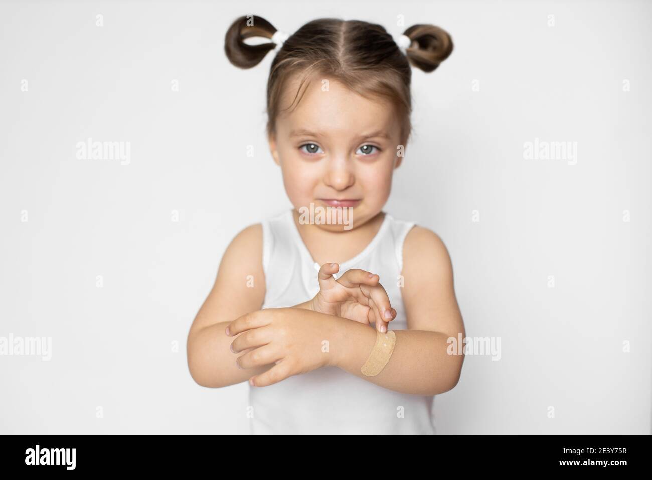 Portrait of cute pretty crying child girl, feeling pain because of ...