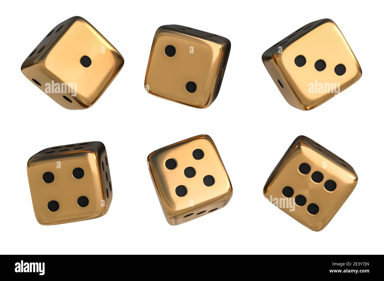 Set of golden dice with black dots isolated on white background. 3D ...
