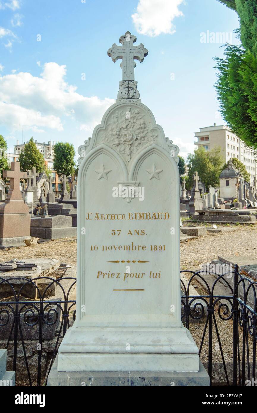 Tomb of poet Rimbaud in the cemetery of Charleville-Meziere. Arthur ...