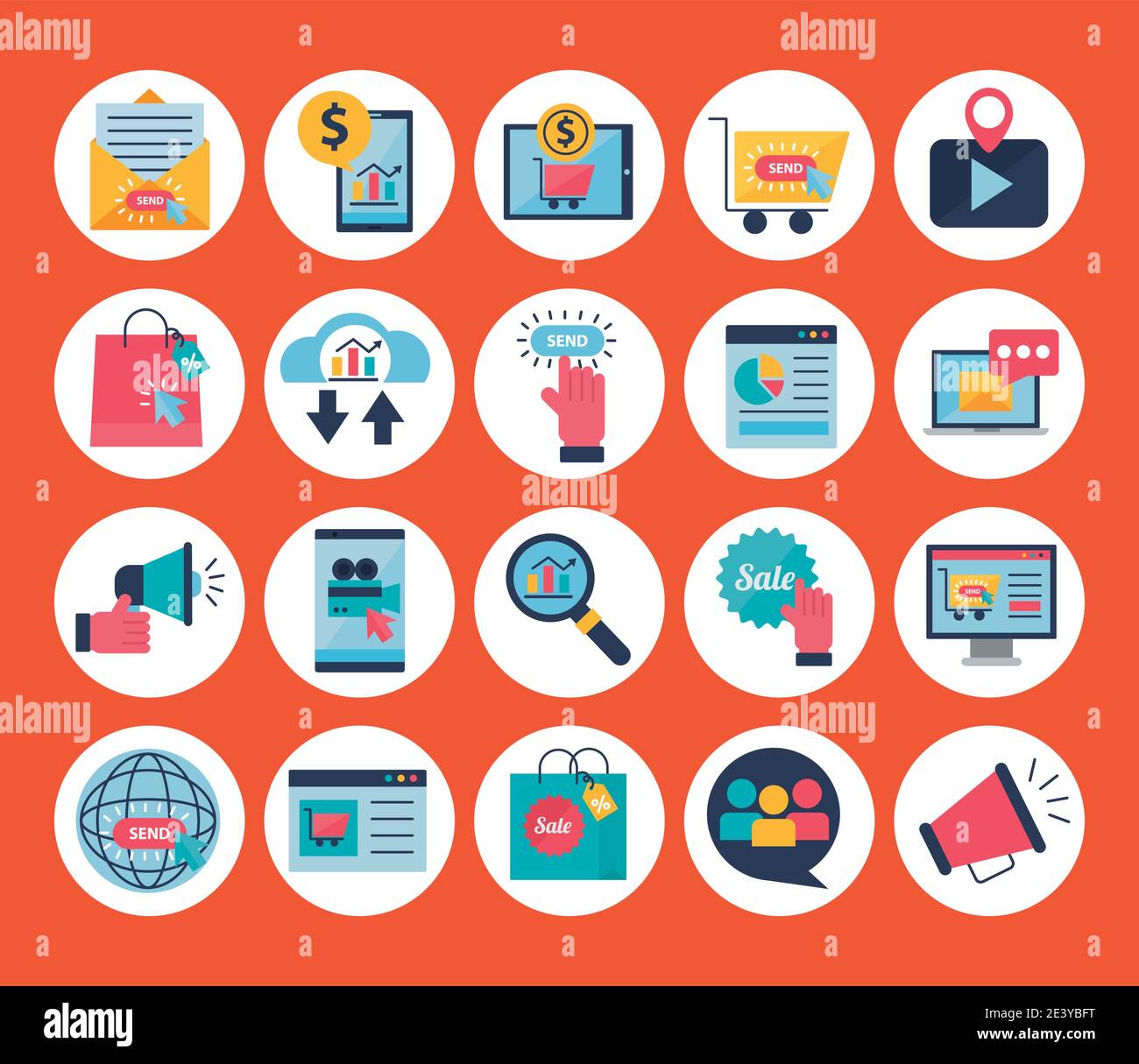 Digital marketing flat style symbol set design, ecommerce and shopping ...