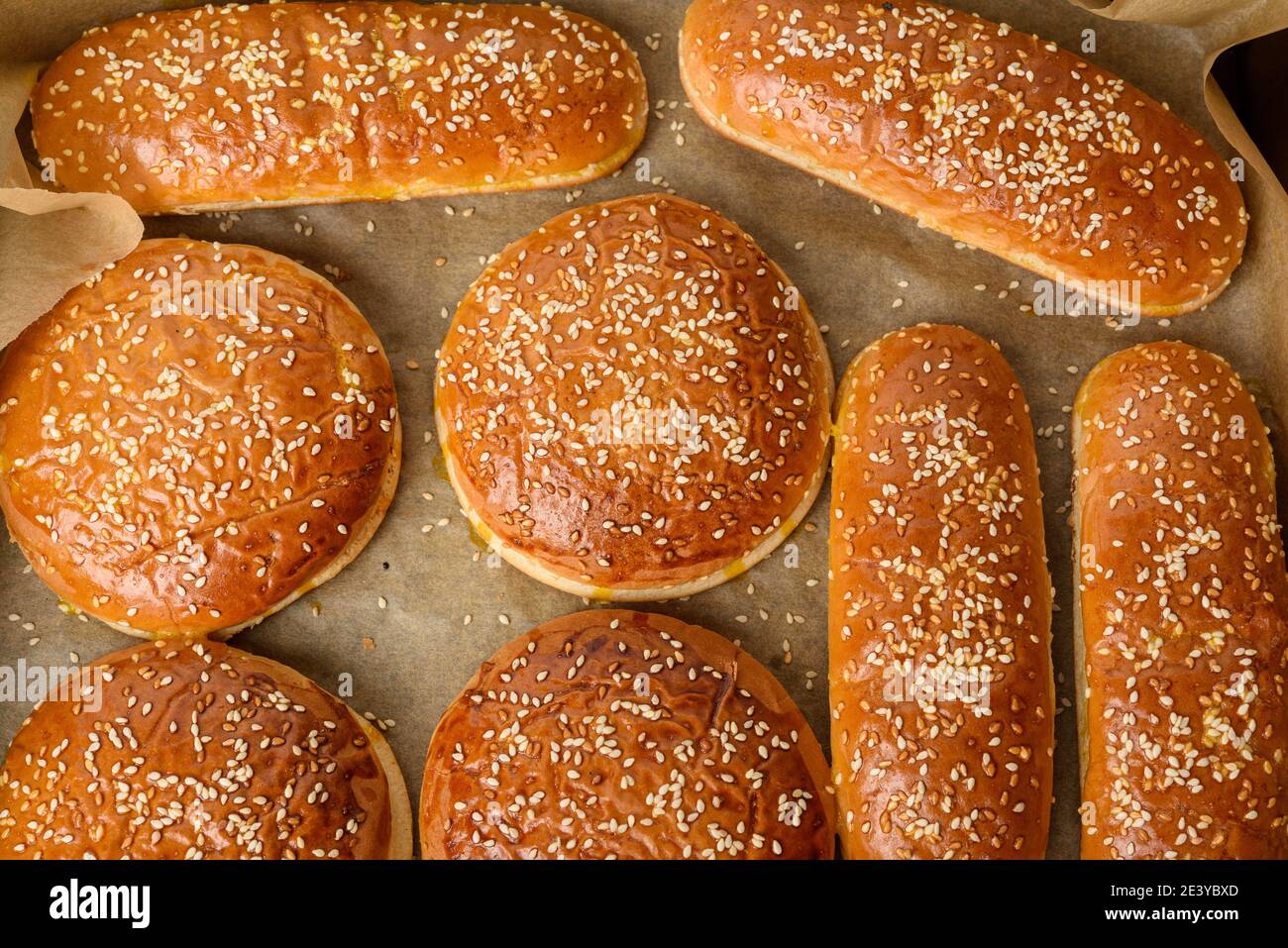 baked sesame buns on brown parchment paper, ingredient for a hamburger ...