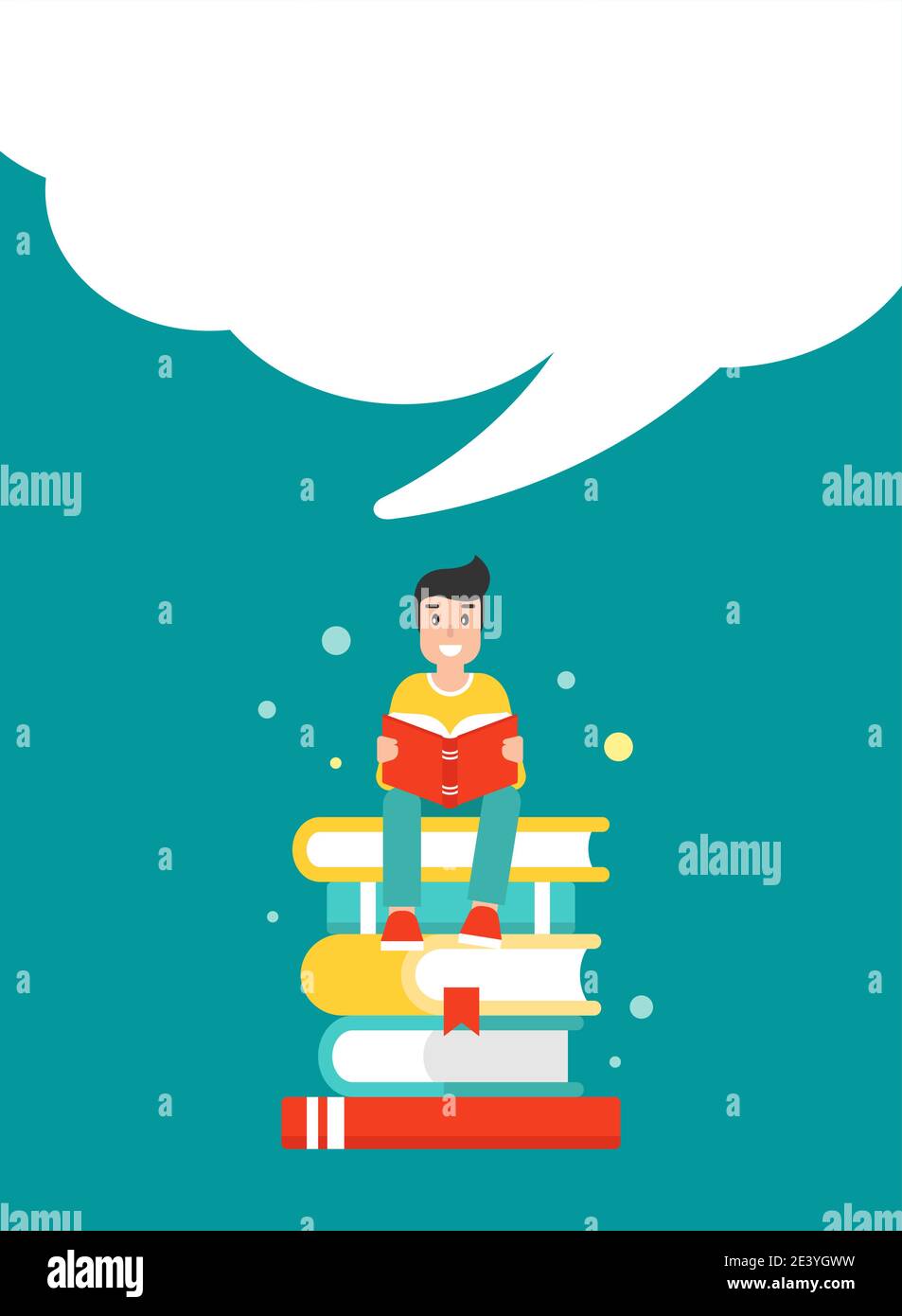 happy guy with stack of books and speech bubble. creative study ...