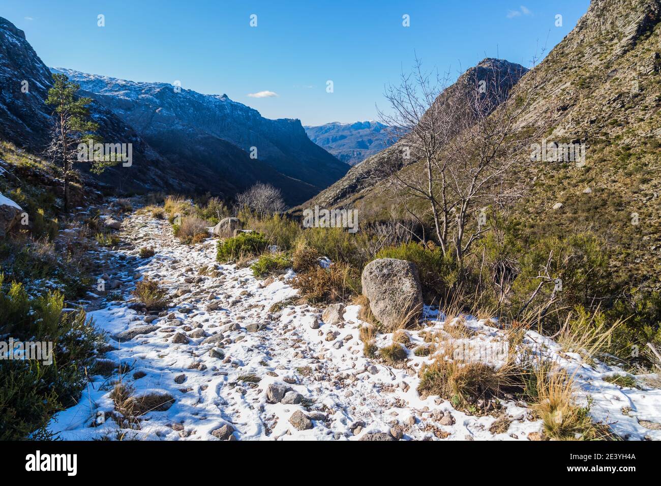 Winter landscape with snow in mountains of Serra do Geres natural park ...