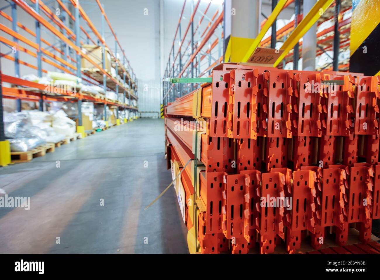 Warehouse premises of a factory or workshop with metal shelves Stock ...