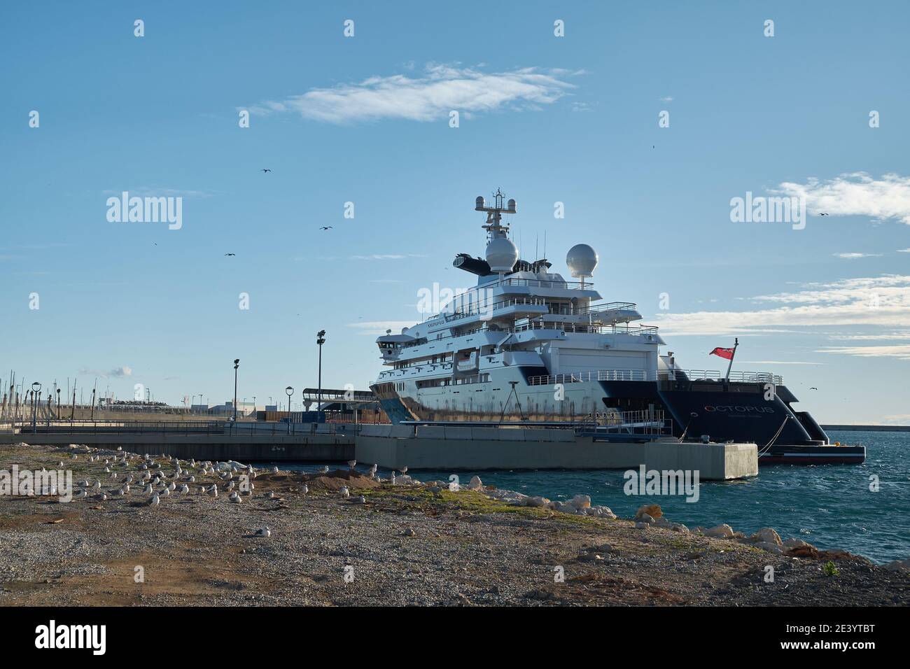 Superyacht Octopus docked at Malaga port. On sale for €300 million ...