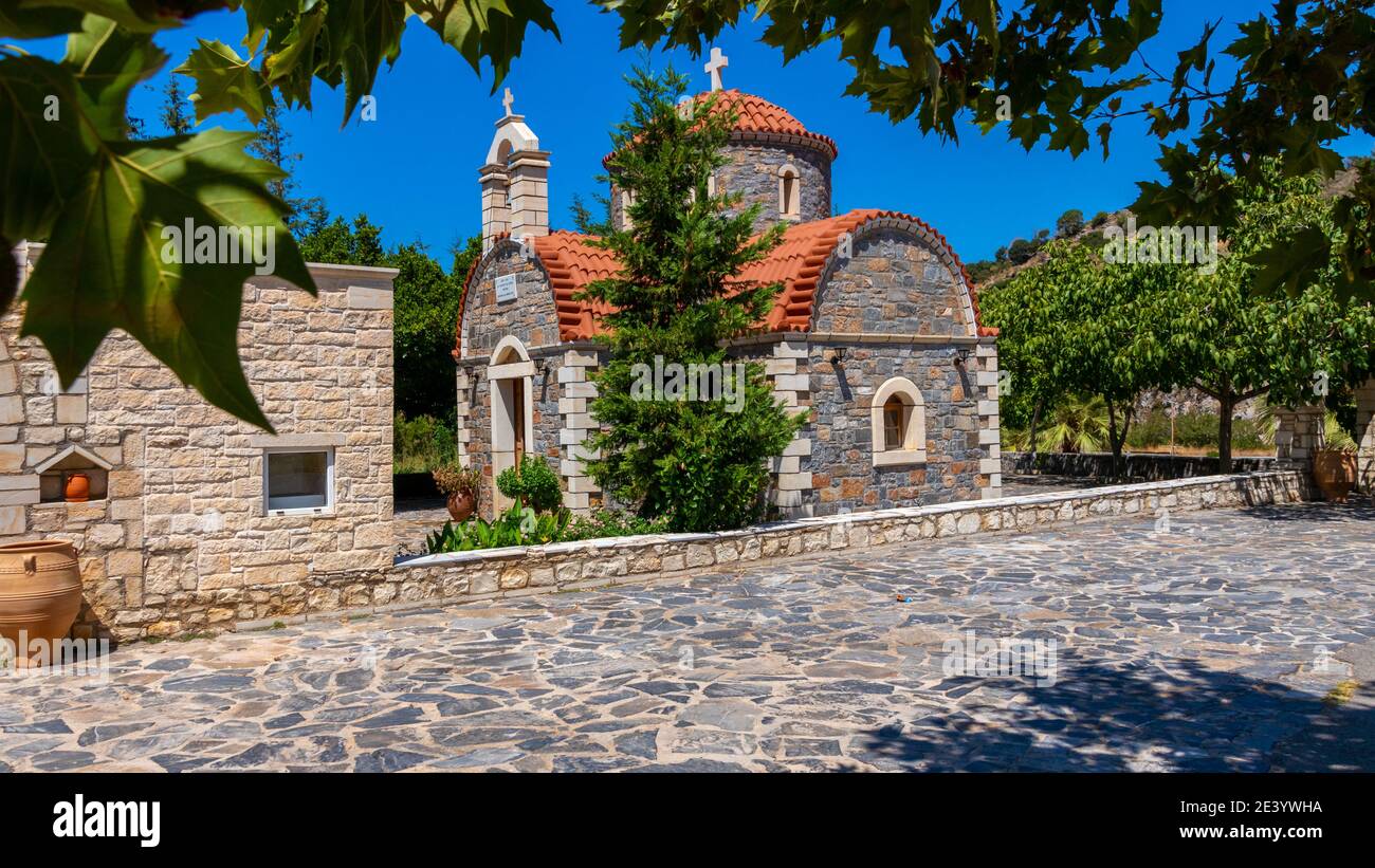 Arkadi, Greece - August 19, 2020 - Small chapel in front of the Arkadi ...