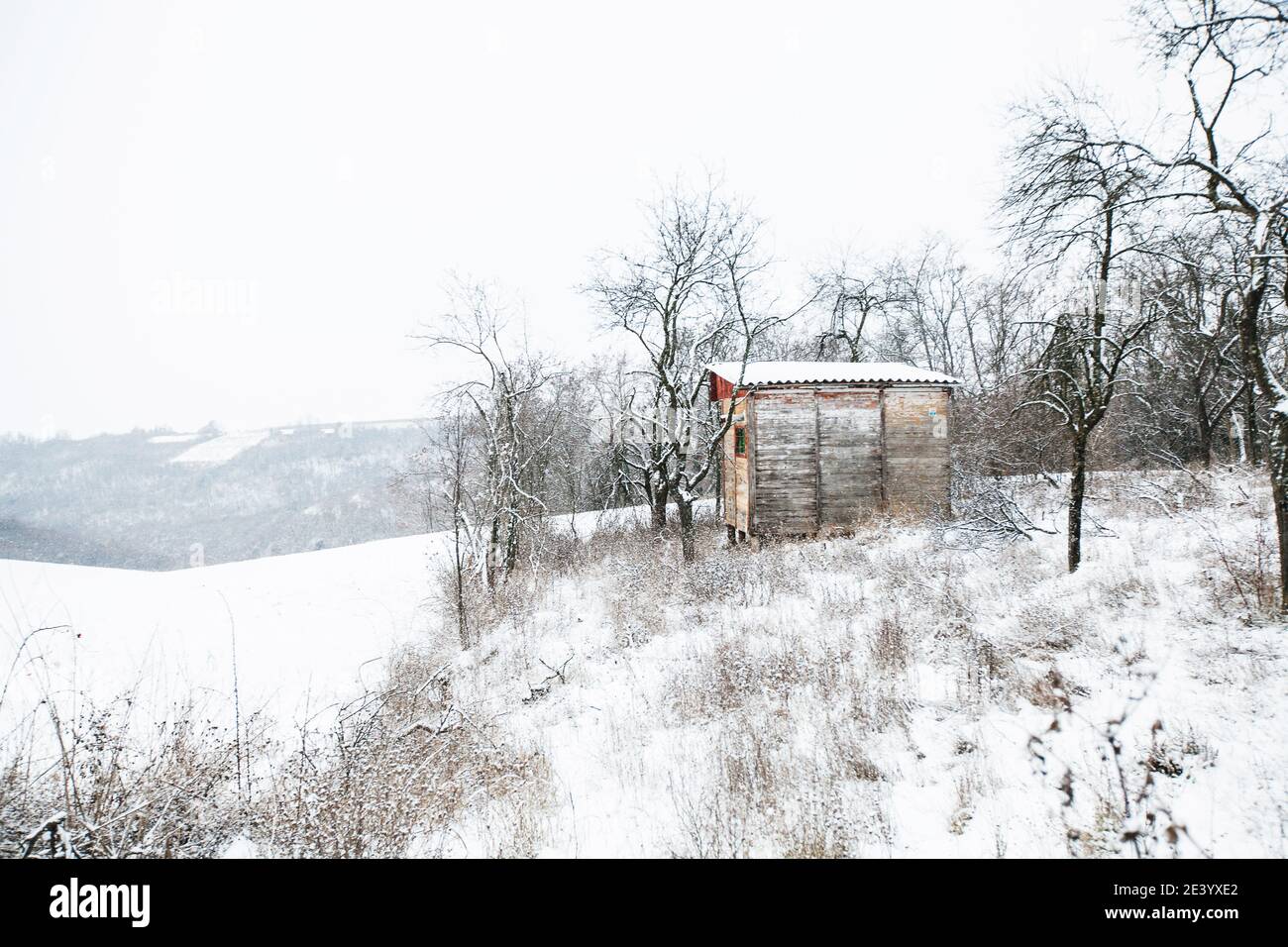 Rural winter landscape of snowy day, wooden house in the nature Stock ...