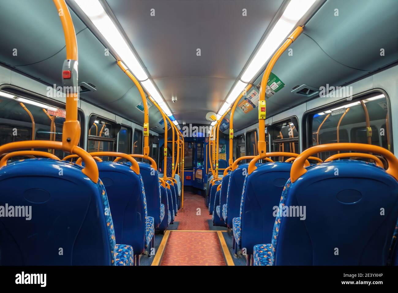 interior view of bus seating from the rear of a bus at night Stock ...