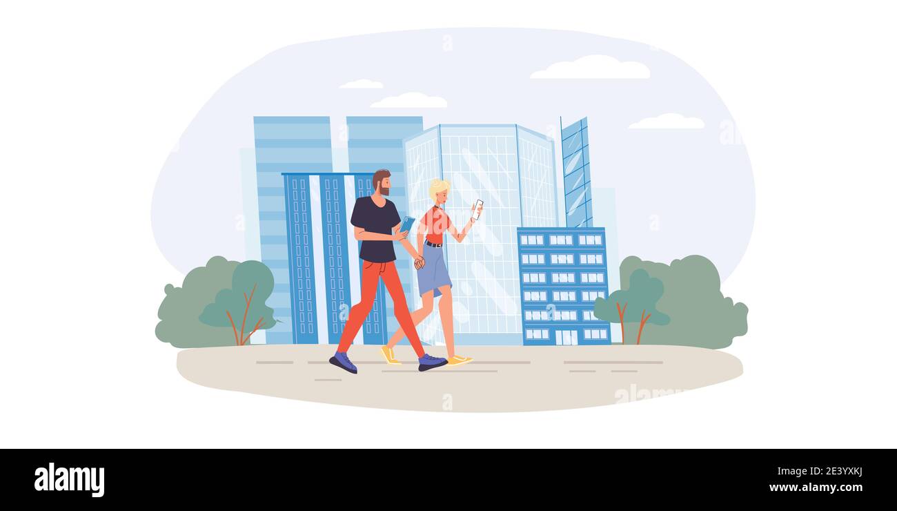 Flat cartoon characters surfing internet, vector illustration concept ...