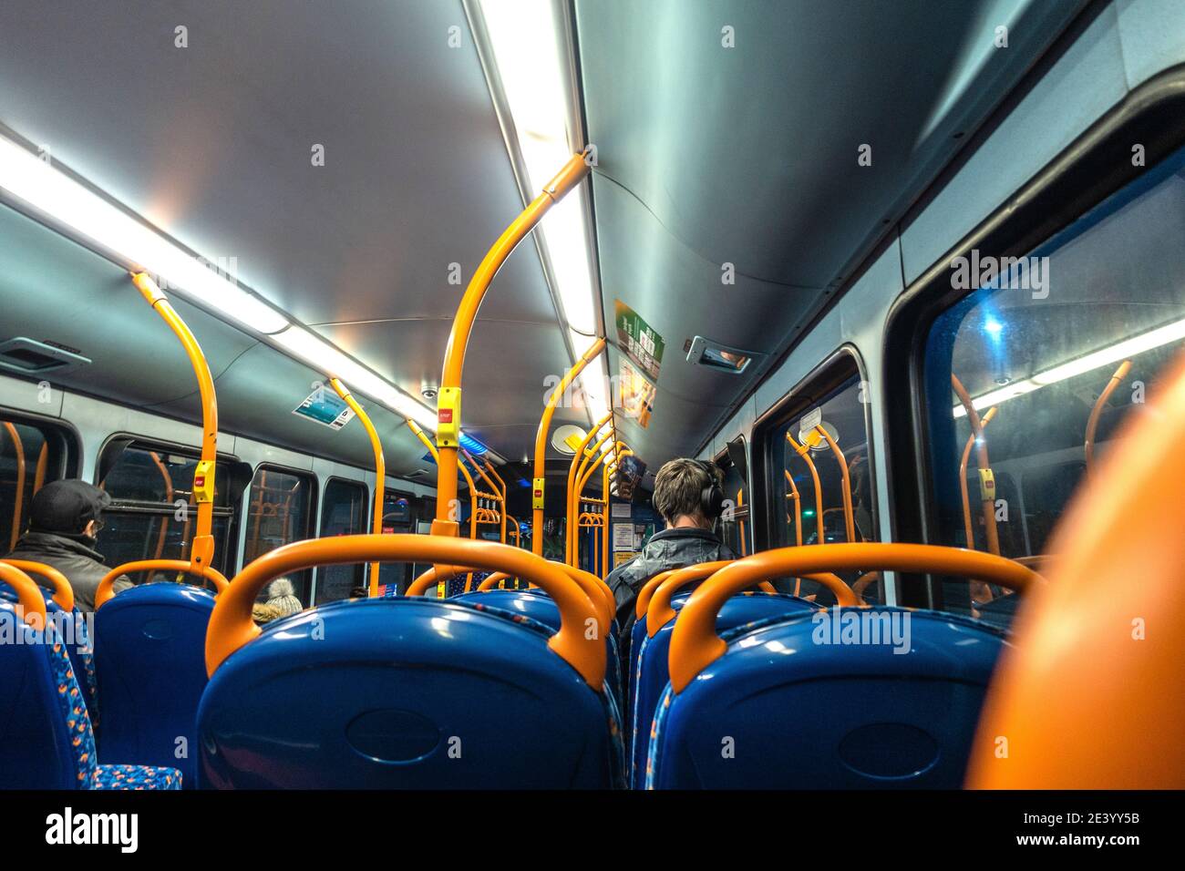 interior view looking forward from the rear of a late night bus Stock ...