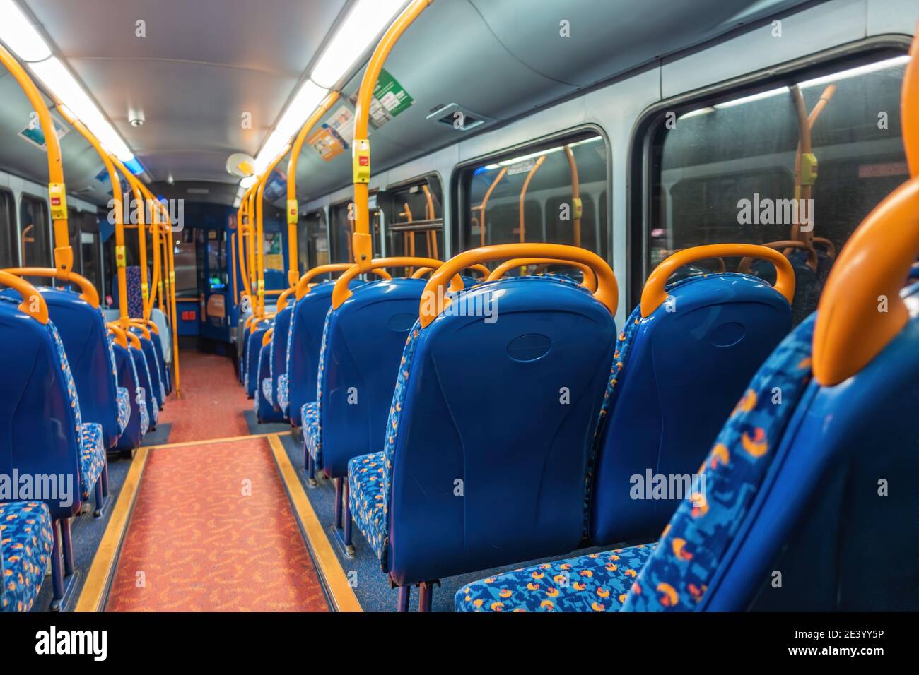interior view of bus seating from the rear of a bus at night Stock ...