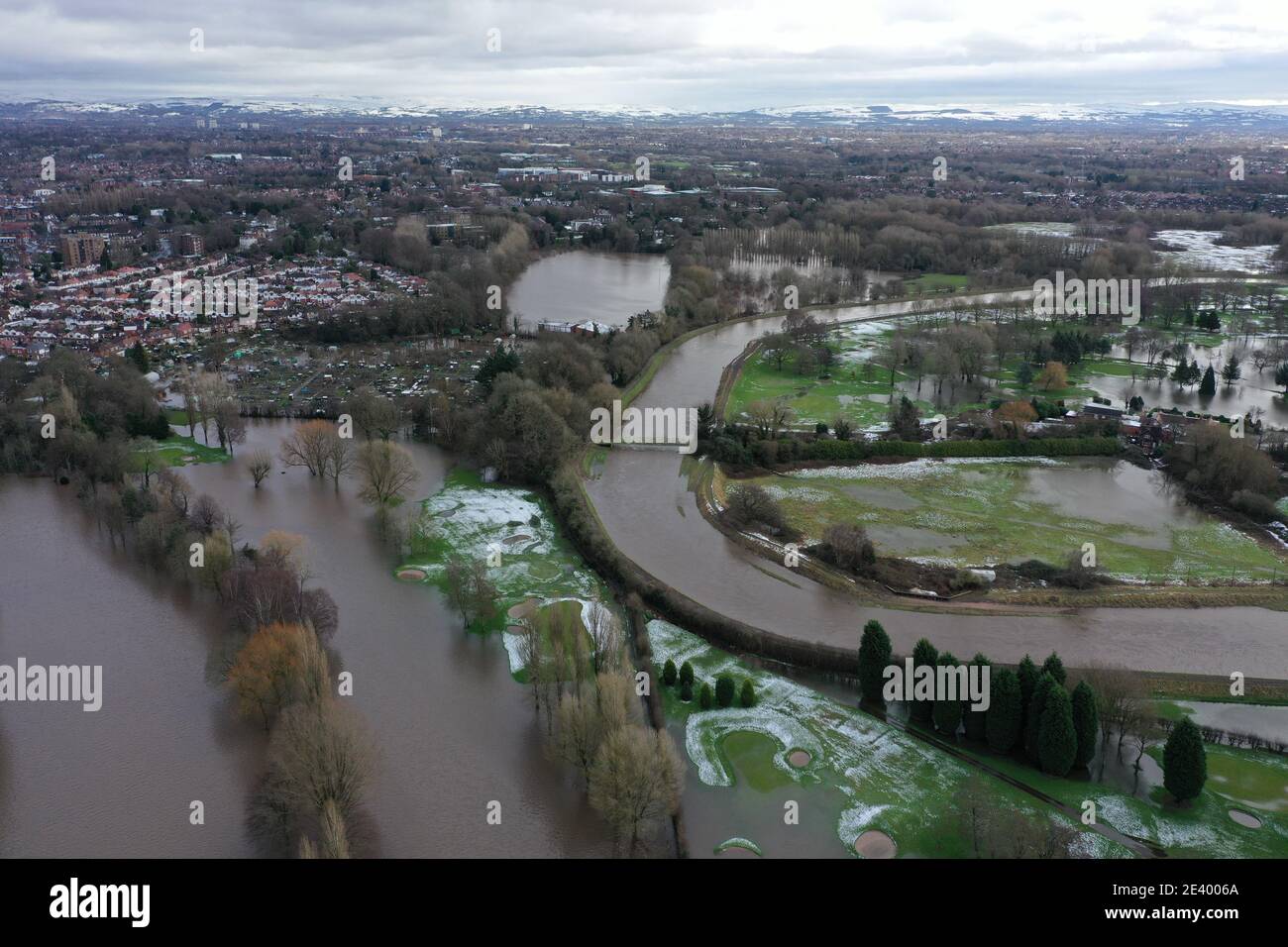 Flood waters at Withington Golf Club in the Didsbury area of Manchester ...